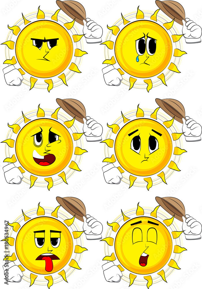 Cartoon sun tipping his hat. Collection with sad faces. Expressions ...