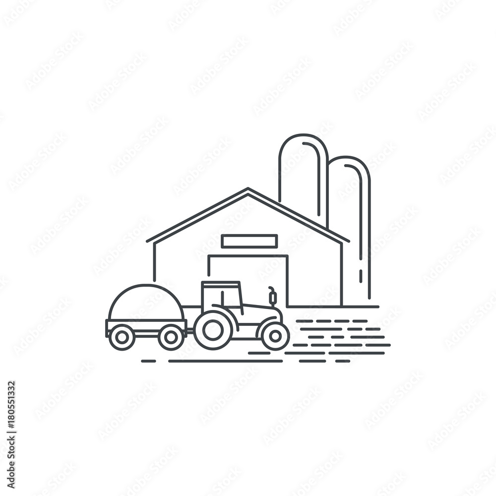 Farm barn and tractor line icon. Outline illustration of horse barn ...