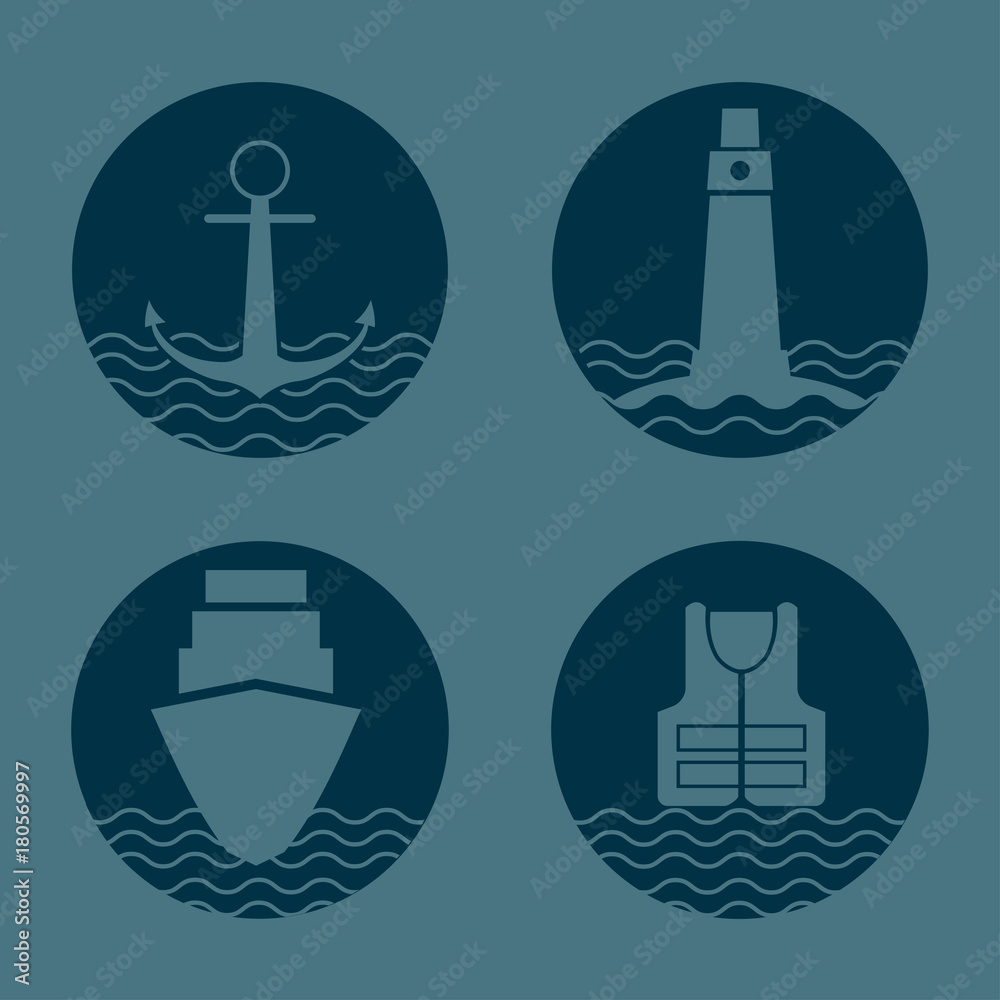 Vettoriale Stock Set of Round Maritime icons. Vector sign anchor ocean ...