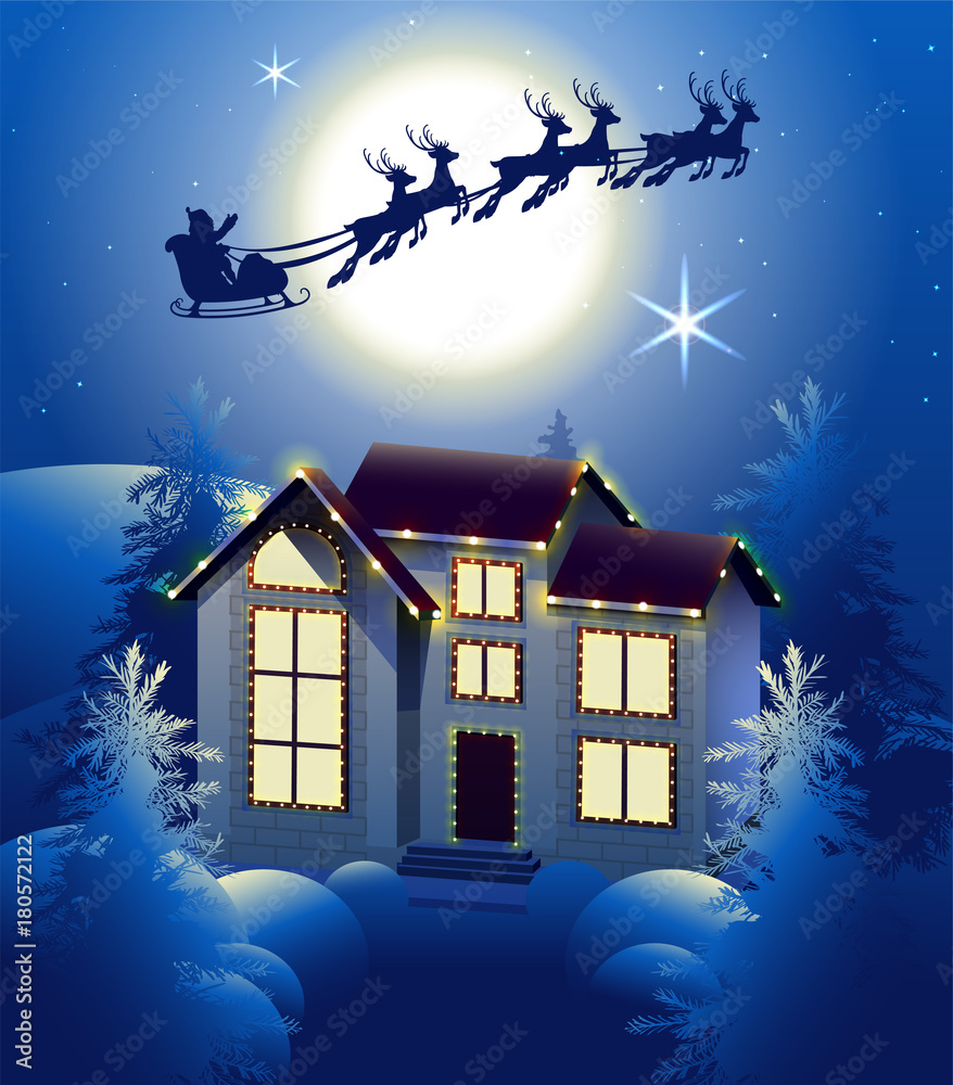 Santa Sleigh Silhouette Moon