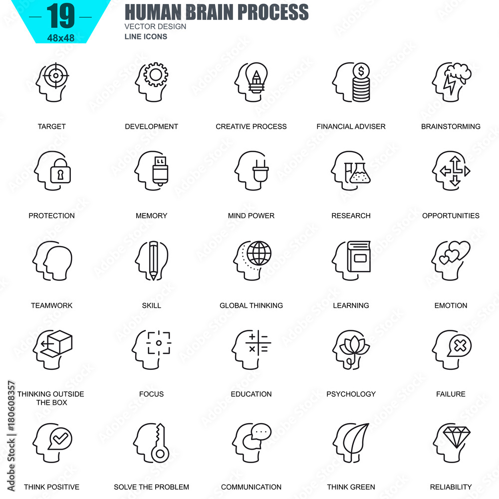 Vetor de Thin line human brain process, features and emotions icons set ...