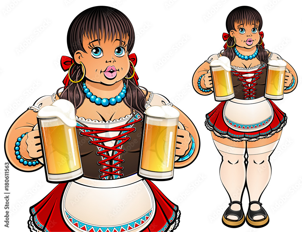 Sexy fat girl in Bavarian traditional dress offers a light beer in ...