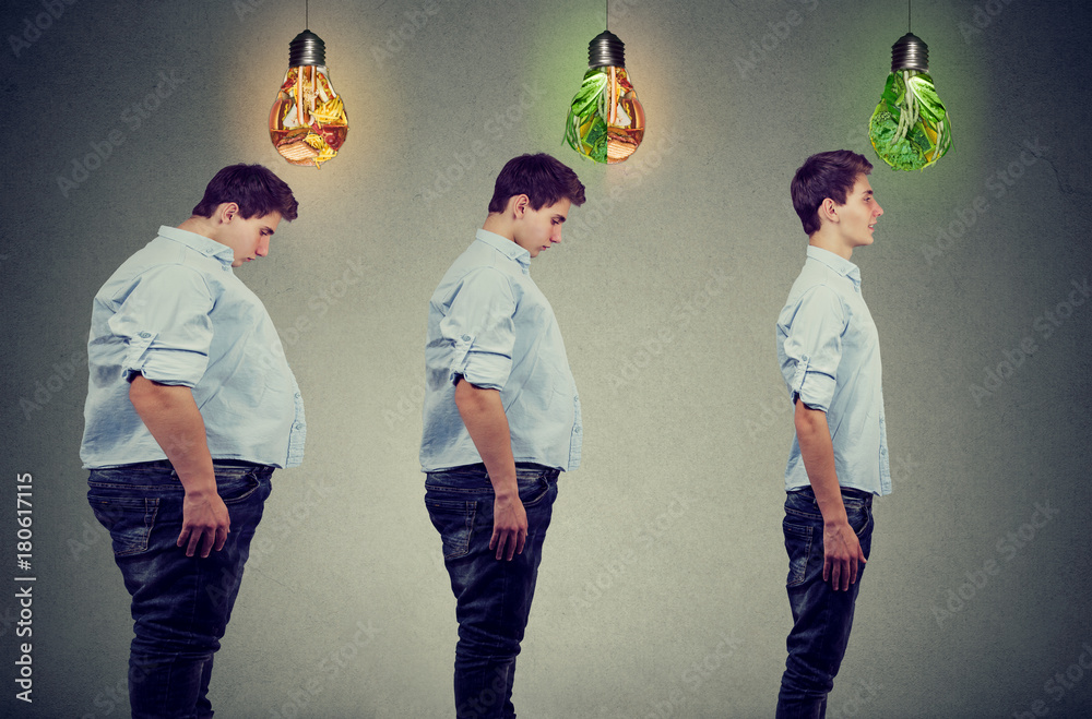 Dieting before and after concept. Young fat man becoming slim guy. Diet ...