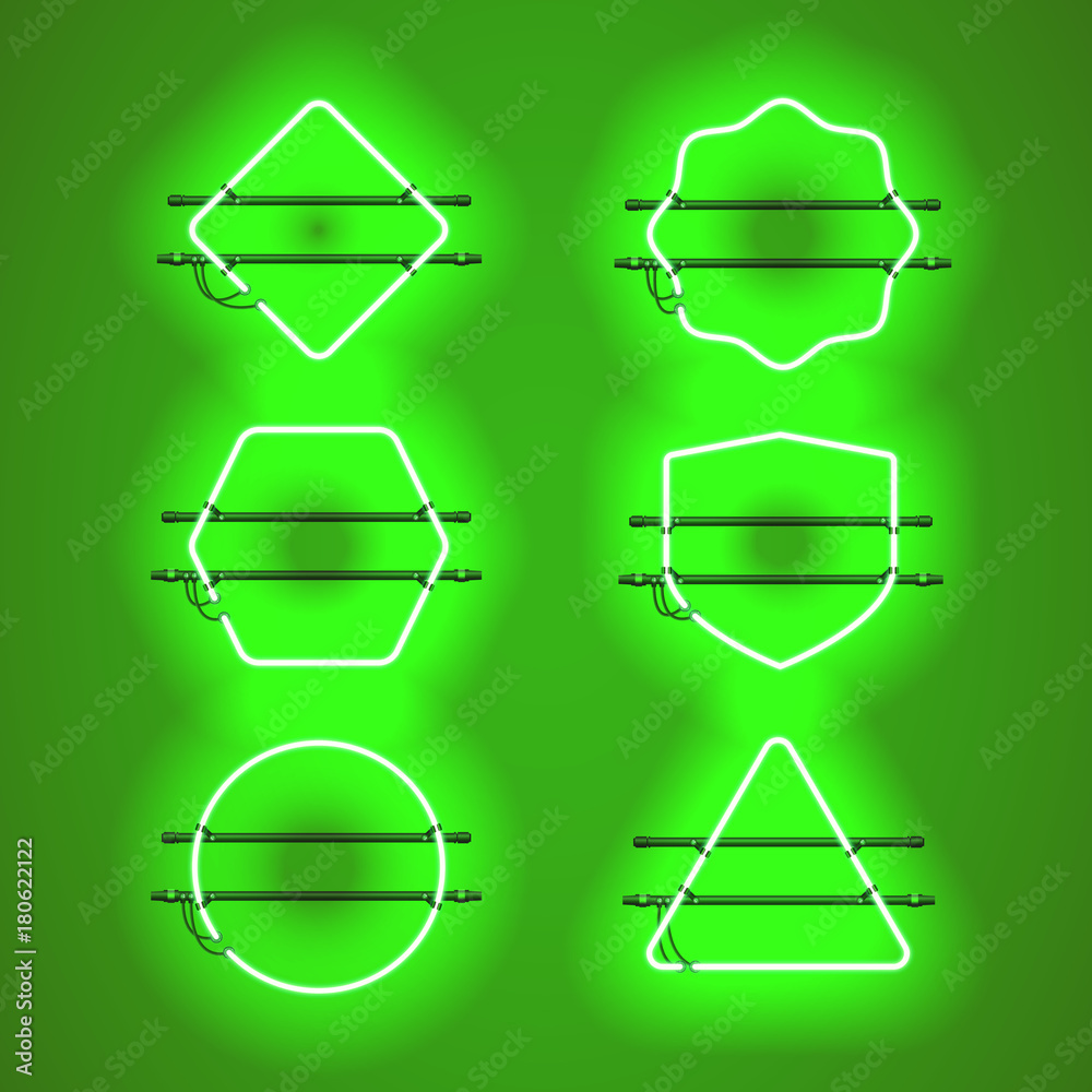 Set of realistic glowing green neon frames isolated on transparent ...