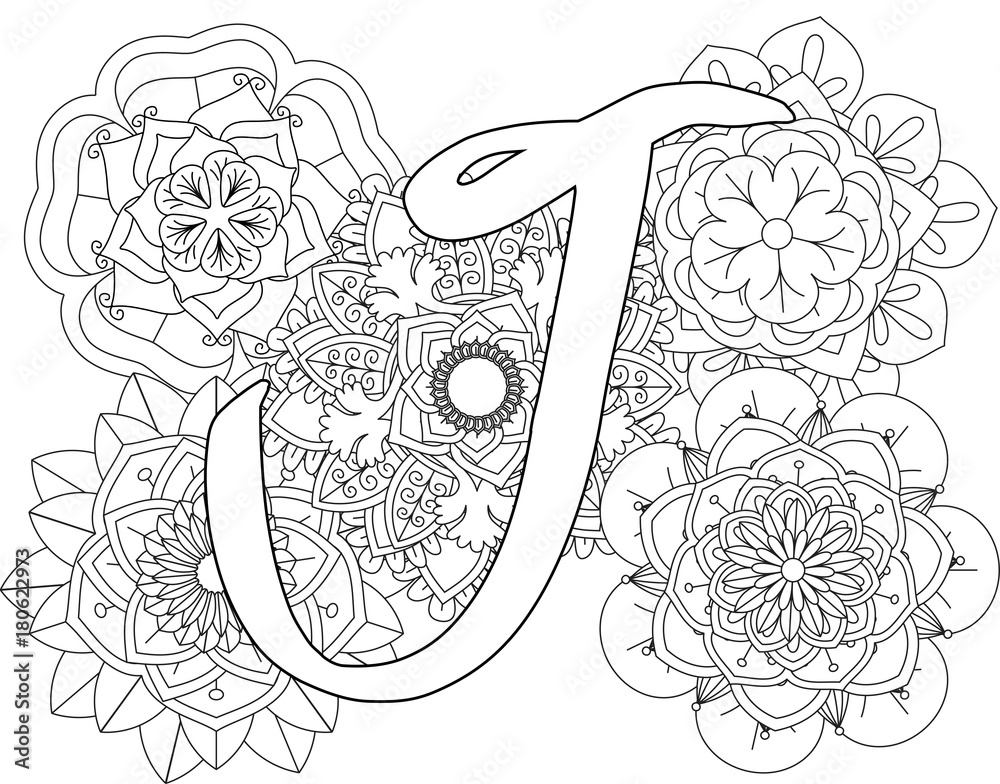 mandala-J-monogramlogo-Doodle Floral Letters. Coloring Book For Adult ...