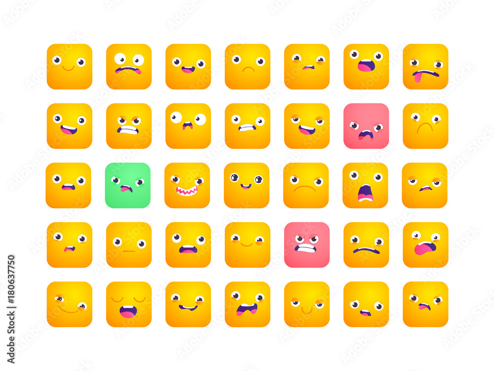 Set of square emoji. Smile icons. Vector emoticons isolated on white ...