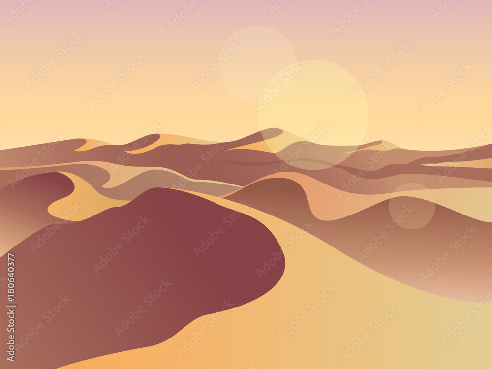 Vecteur Stock Gold desert in sunset. Sand dunes. Landscape design ...