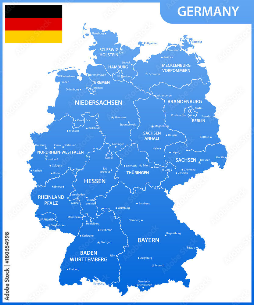 The detailed map of the Germany with regions or states and cities ...