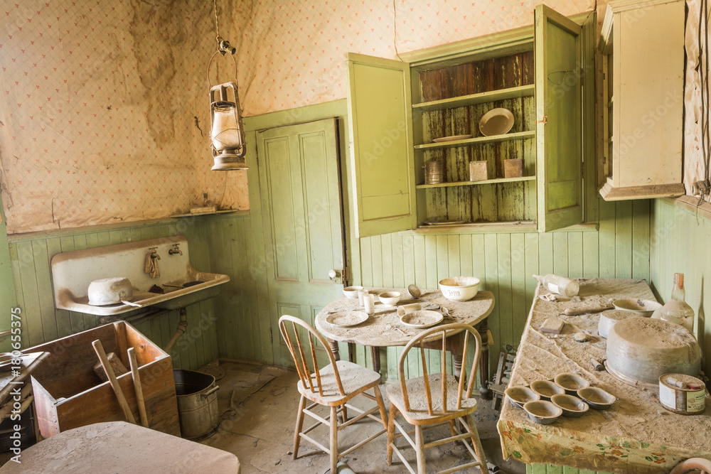 Kitchen in an early 1900's house in Bodie State Park, A ghost town that ...