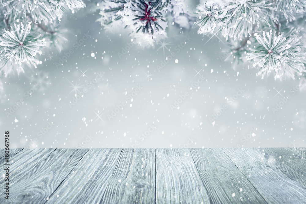 Winter background, falling snow on pine tree and wooden deck Stock ...
