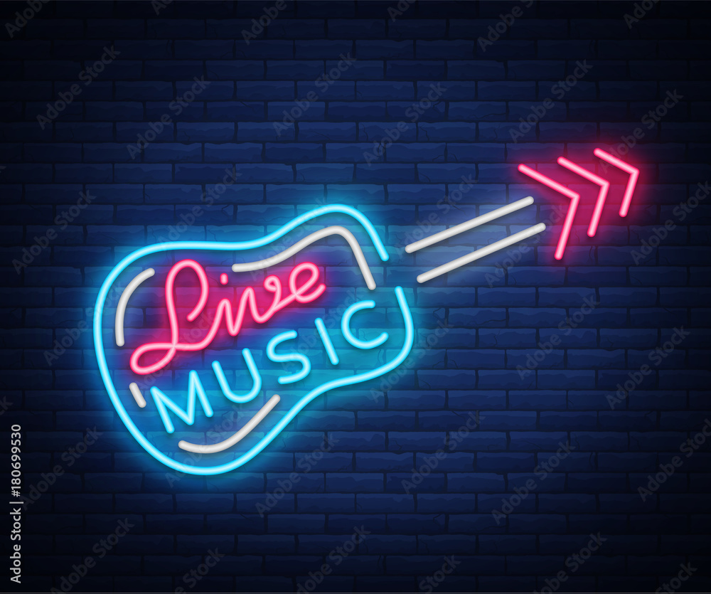 Live music neon sign vector, poster, emblem for live music festival ...
