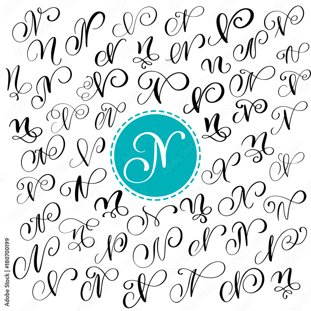 Set of Hand drawn vector calligraphy letter N. Script font. Isolated ...