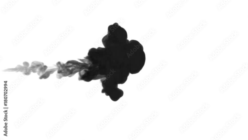 One ink flow, infusion black dye cloud or smoke, ink inject on white in ...