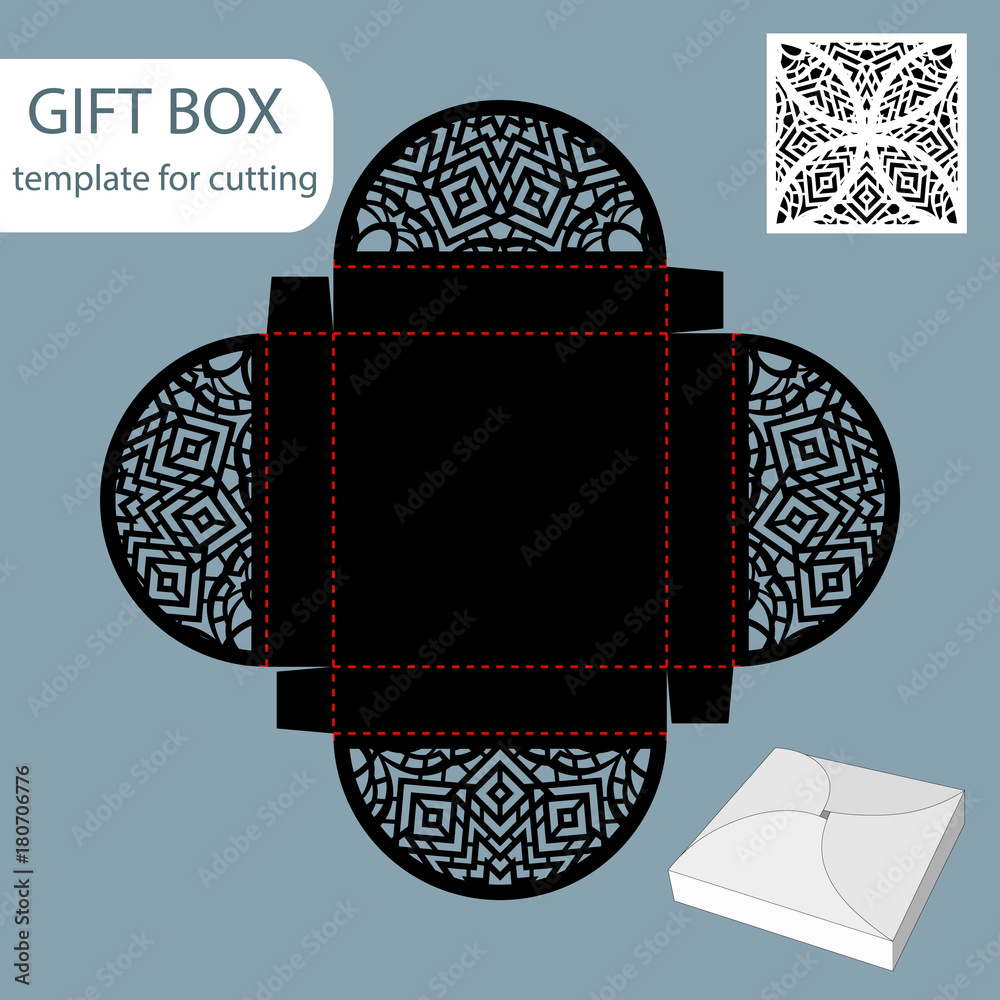 Paper gift box, lace pattern, square bottom, cut out template ...