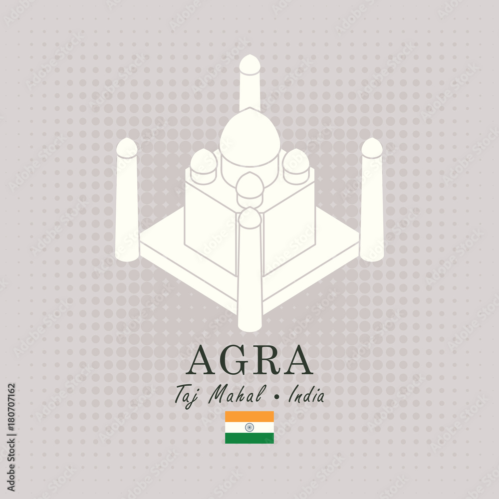 Vector travel banner. Schematic drawing of the taj mahal in Agra with ...