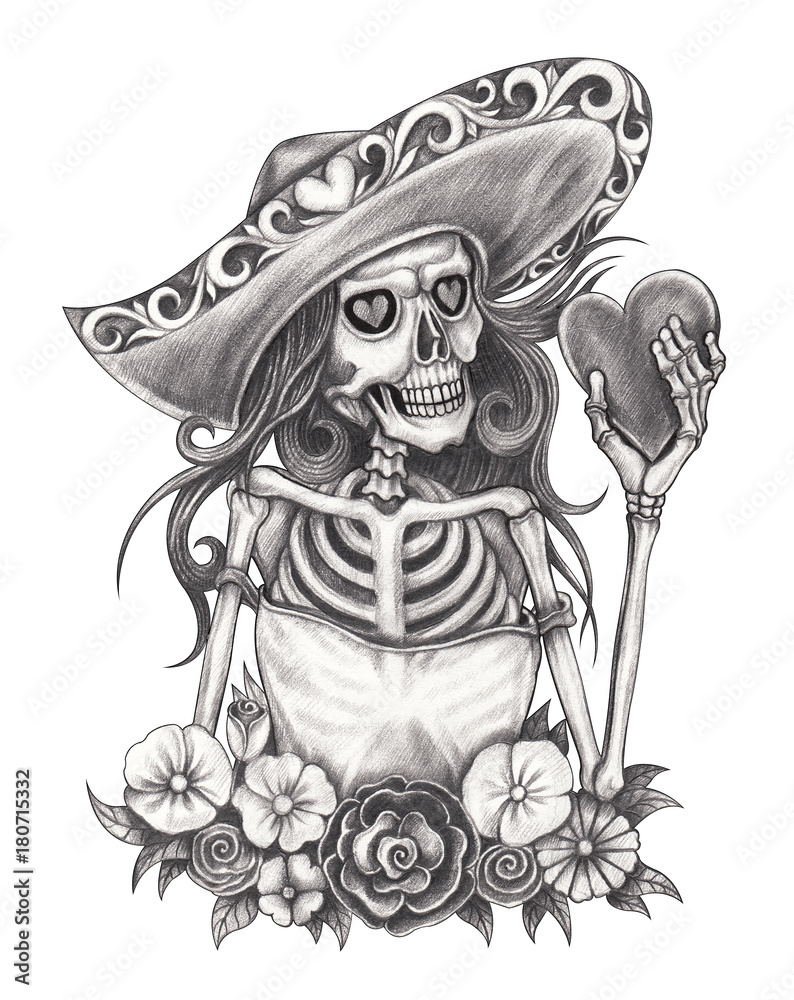 Art Design Women Skull Day of the dead. Hand pencil drawing on paper ...