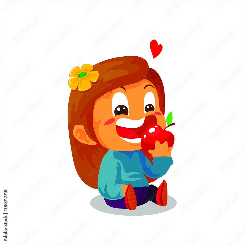 Little girl with flower on the head, eat a big apple, cartoon vector ...