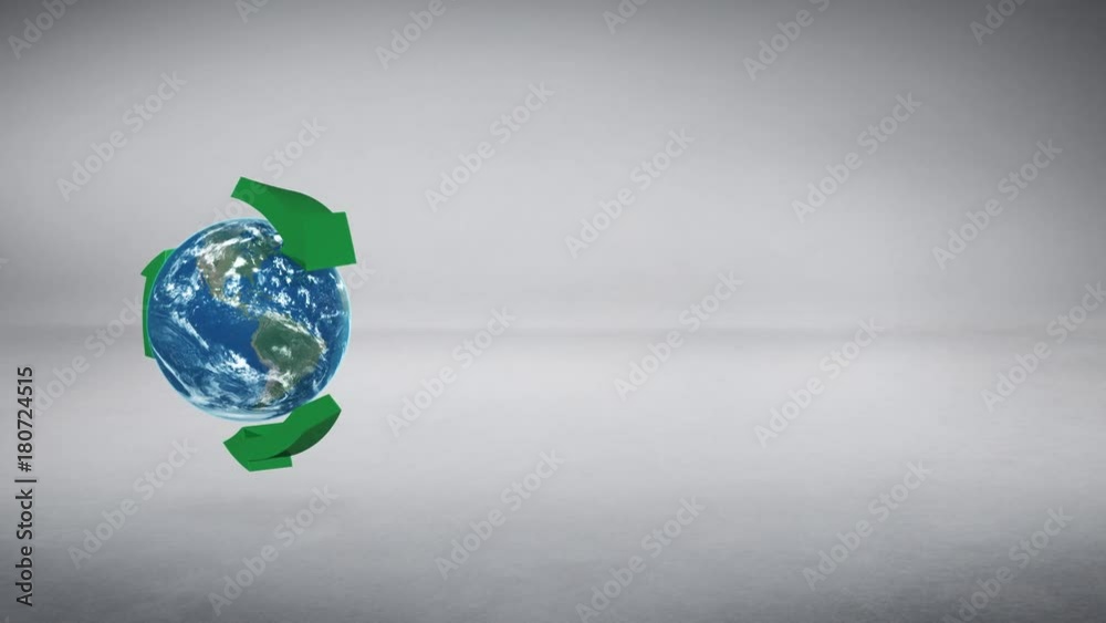 Earth recycle animation on studio background with green arrows spinning ...