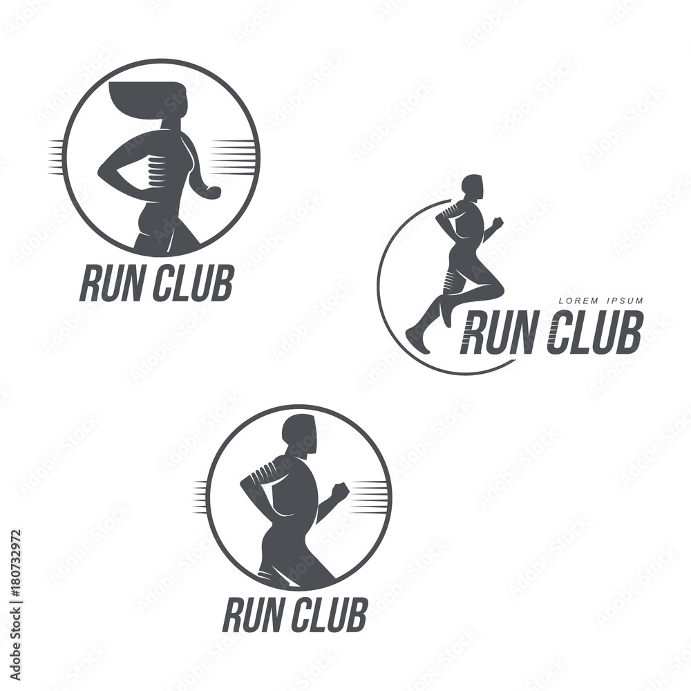 Run club logo template set with jogging man and woman silhouettes ...