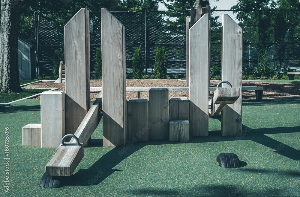 Modern abstract childrens playground. Wooden kids play area. Wooden ...