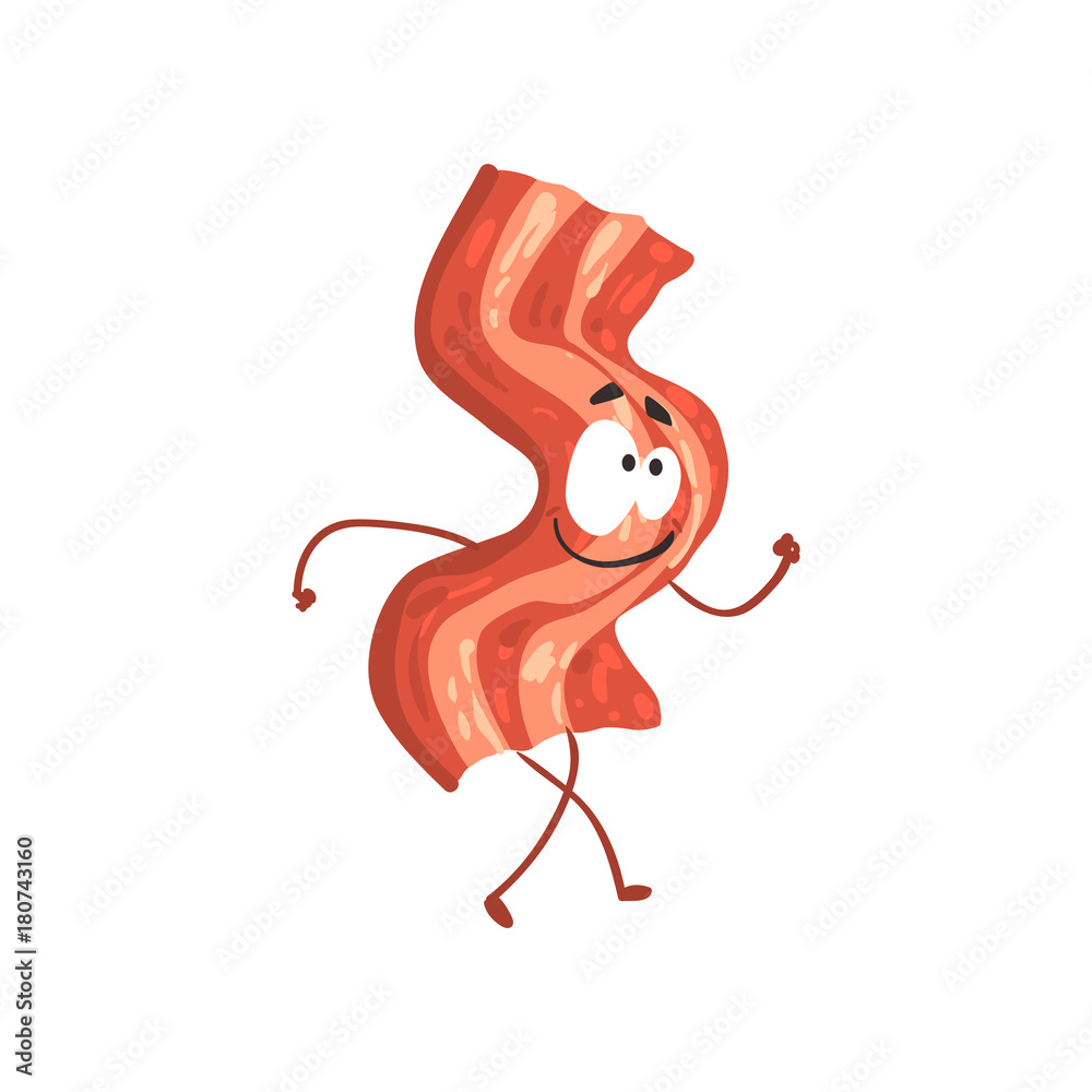Funny bacon slice cartoon fast food character, element for menu of cafe ...