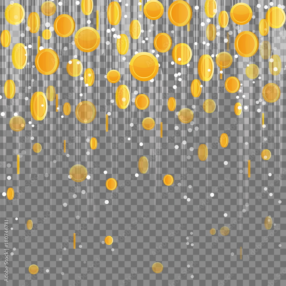 Falling golden coins light beam lens flare effect rain. Stock Vector ...