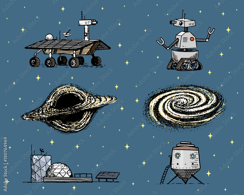 space shuttle, black hole and galaxy, robot and mars, lunar rover ...