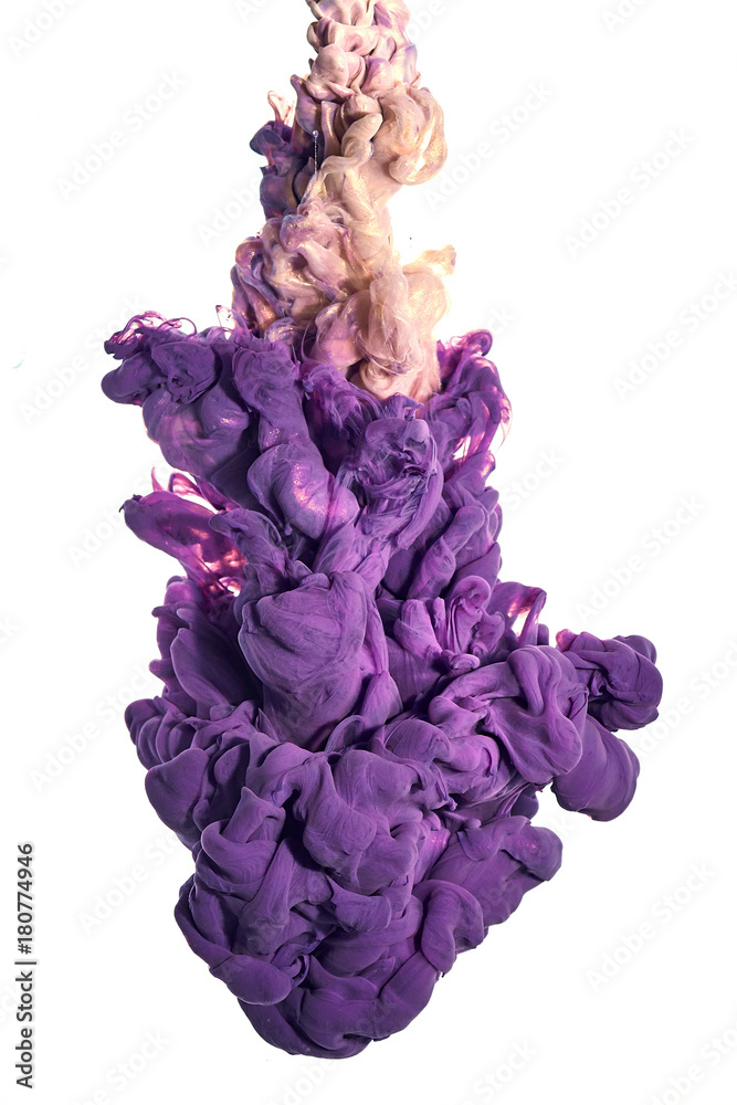 Acrylic ink in the water. A splash of purple and gold paint. Abstract ...