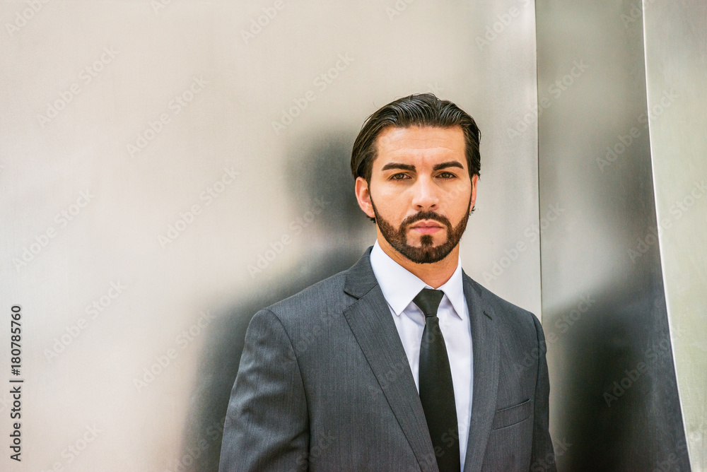 Portrait of Young Handsome American Businessman. Wearing gray suit ...
