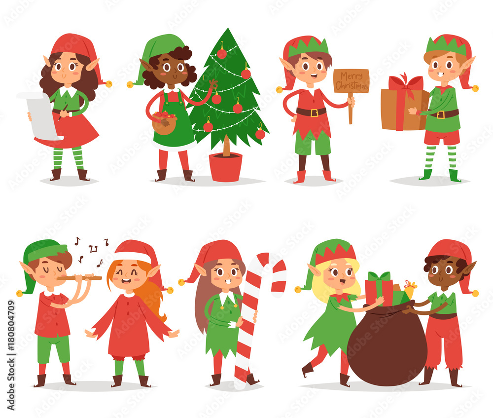 Christmas elfs kids vector children Santa Claus helpers cartoon elfish ...