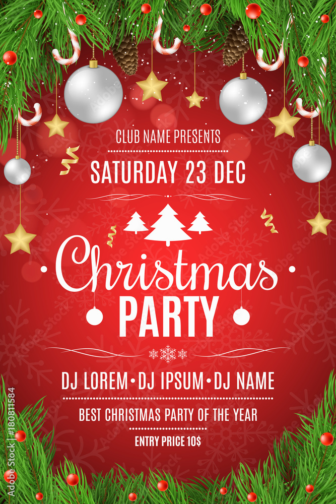 Poster for a Christmas party. Fir tree, lollipops and snow berries on a ...