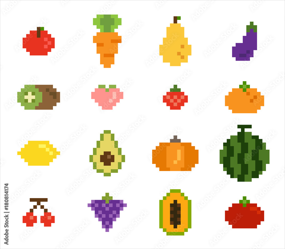 pixel fruits and vegetable vector flat design illustration set Stock ...