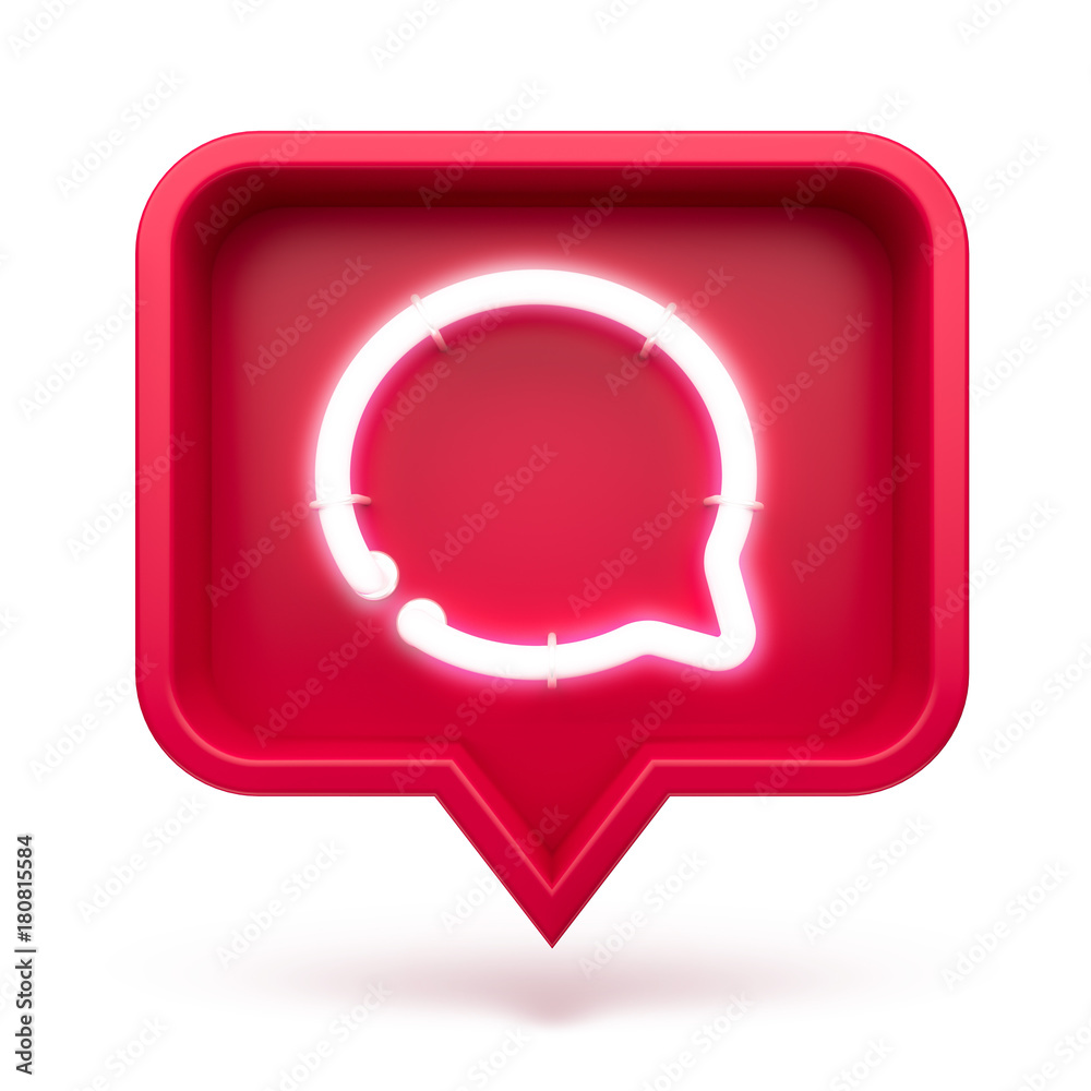 Message icon on a red pin isolated on white background. Neon message ...
