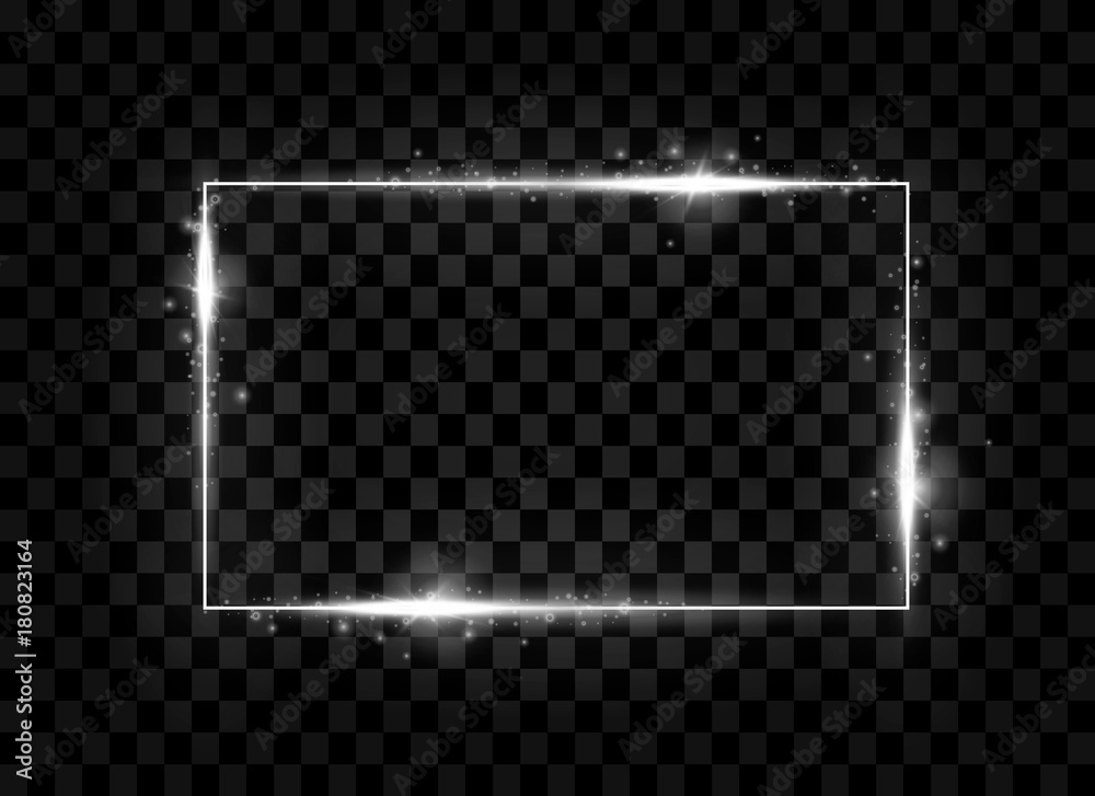 Silver shining square banner. Sparkle, glowing neon light effect ...