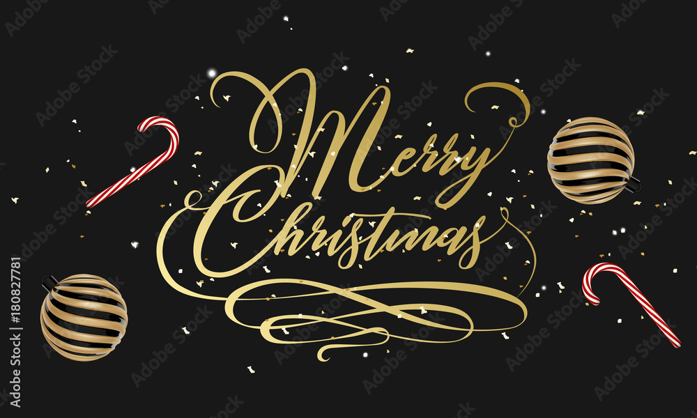Merry Christmas hand lettering in gold with confetti, Christmas ball ...
