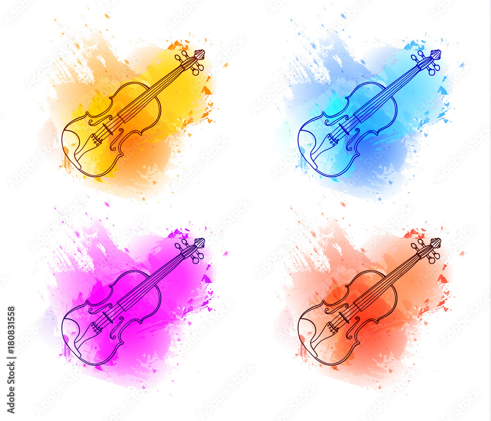 Violin outline drawing, contour line on paint splash abstract ...