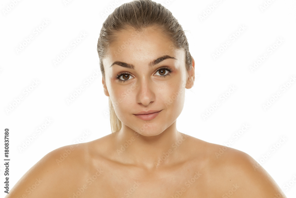 Young beautiful woman without makeup on white background Stock Photo ...