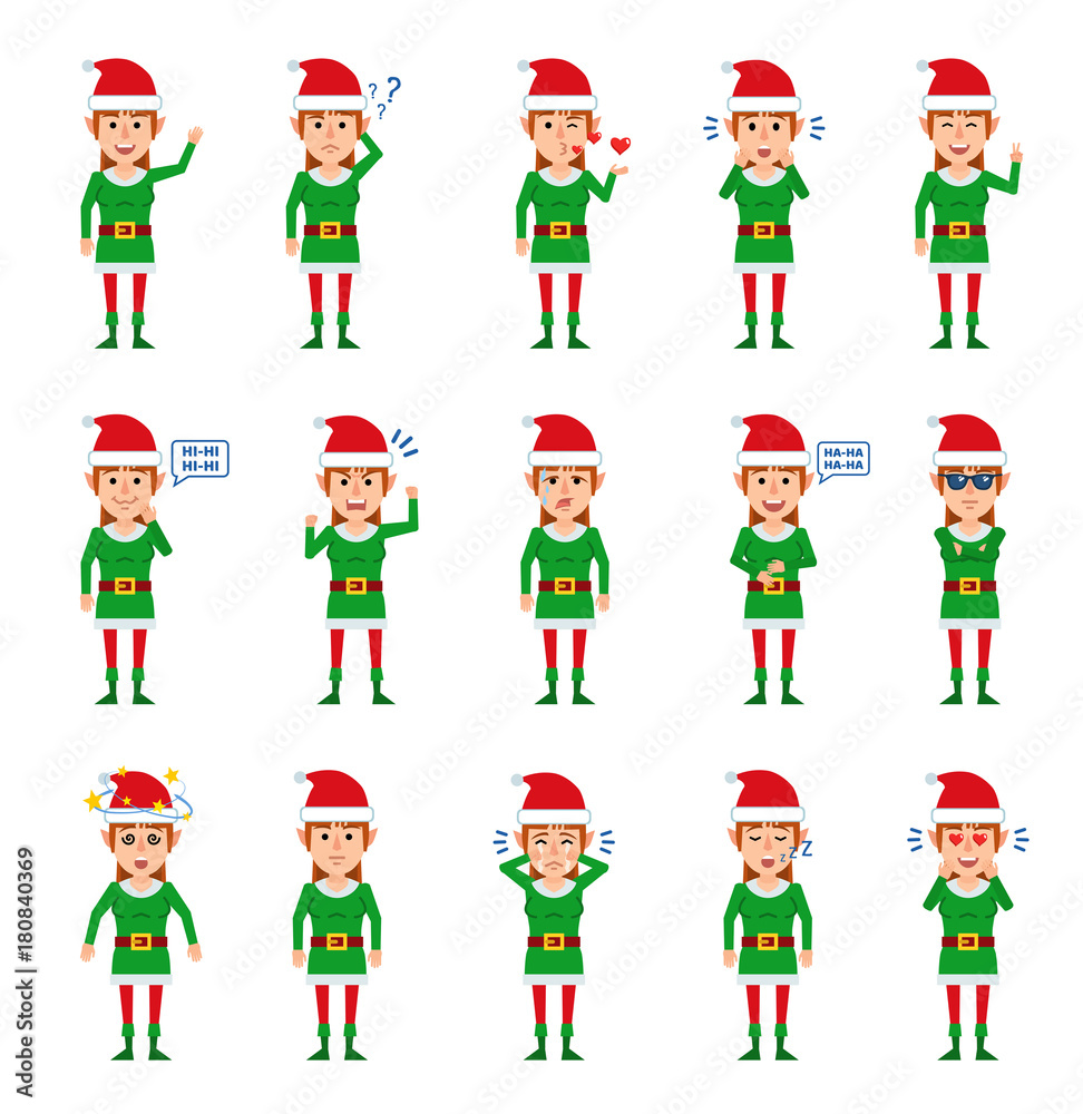 Set of female elf characters showing different emotions. Cheerful elf ...