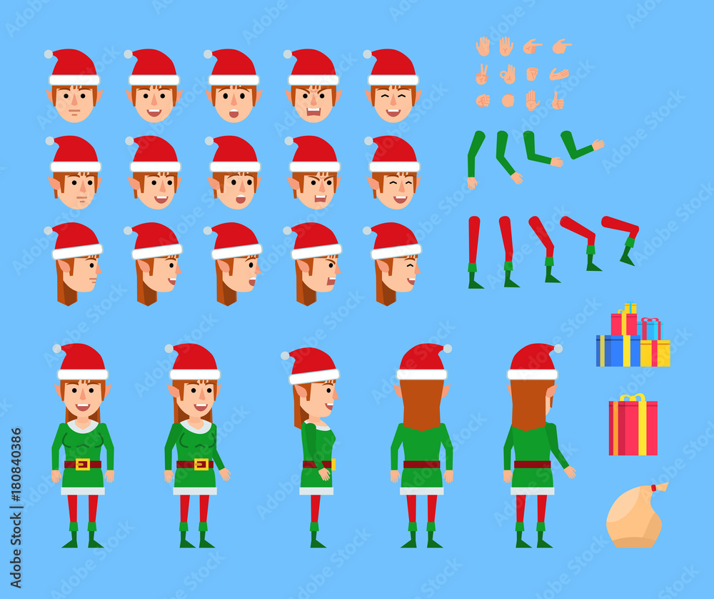 Christmas elf girl creation set. Various gestures, emotions, diverse ...