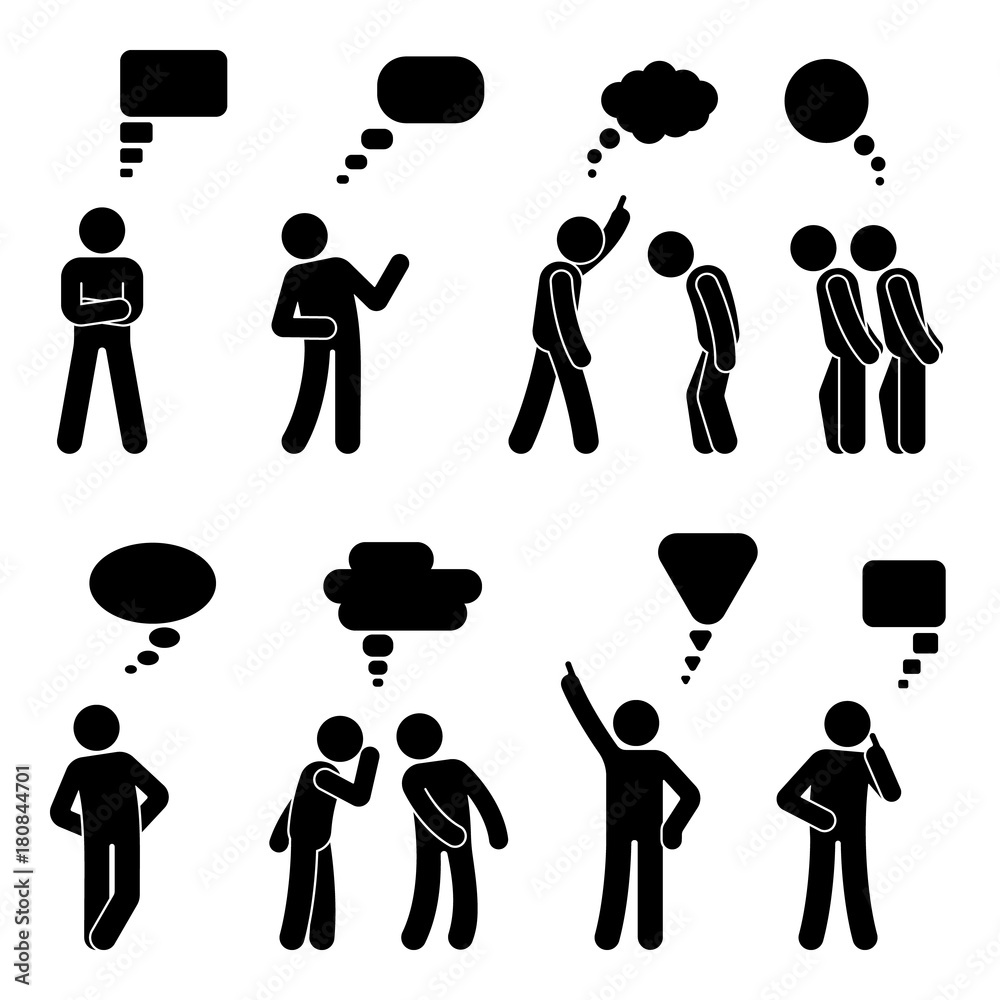 Stick figure dialog speech bubbles set. Talking, thinking, whispering ...