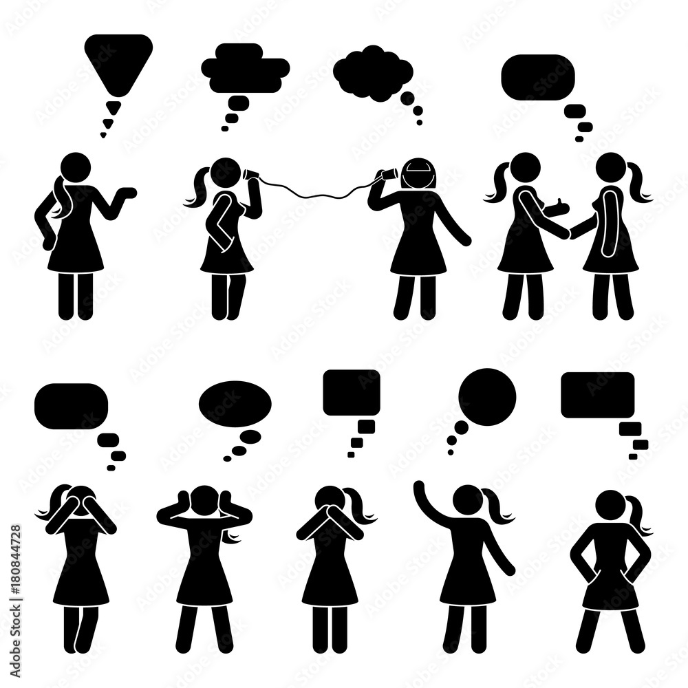 Stick figure dialog speech bubbles set. Talking, thinking, whispering ...