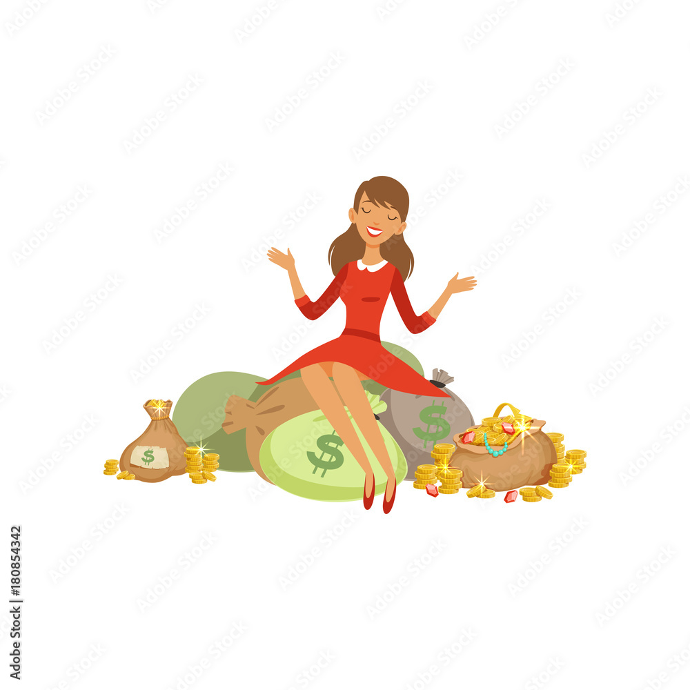 Beautiful young successful rich woman character in red dress sitting on ...