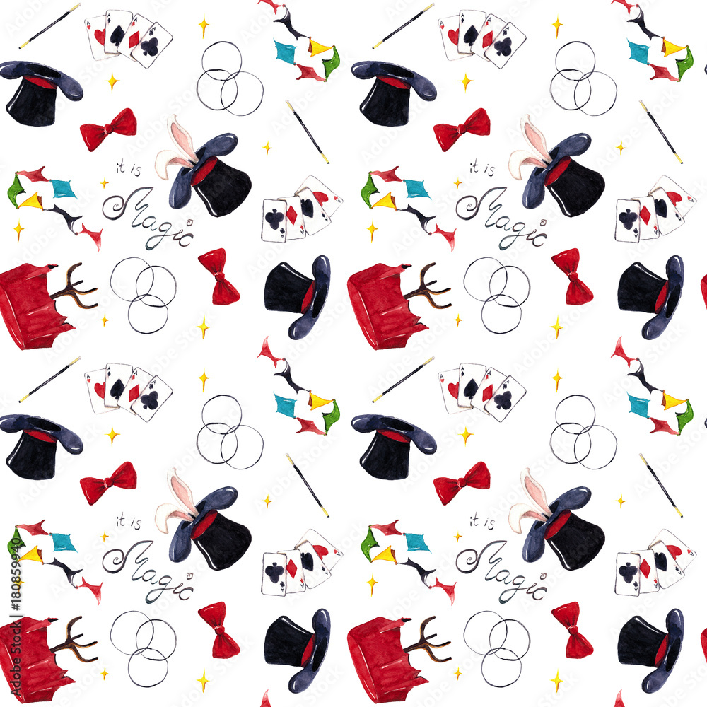 Watercolor hand drawn seamless pattern illustration of magician ...