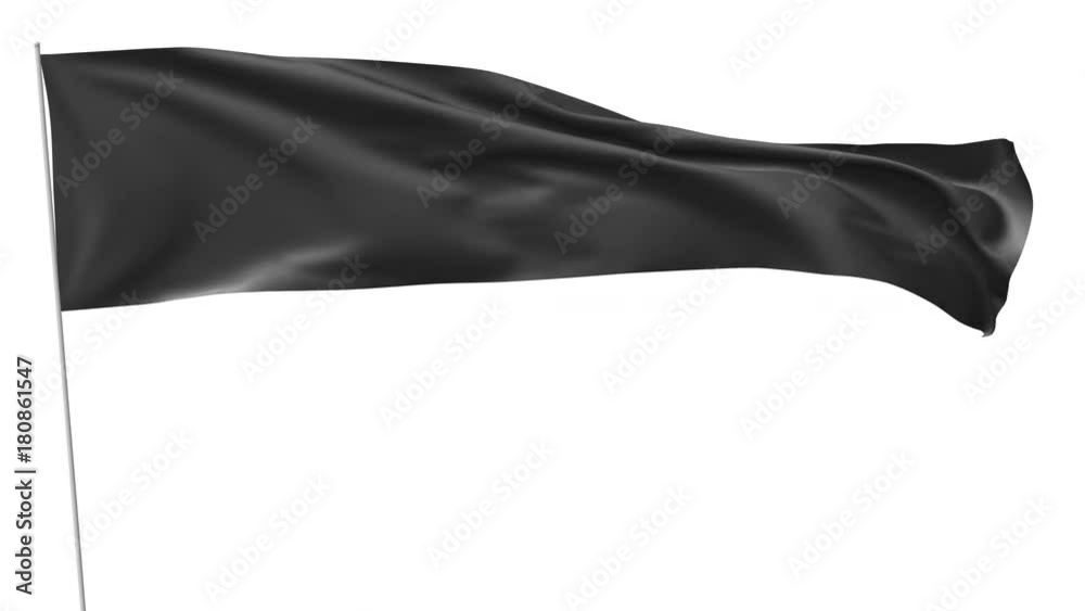 Long blank plain black flag on flagpole flying and waving in the wind ...