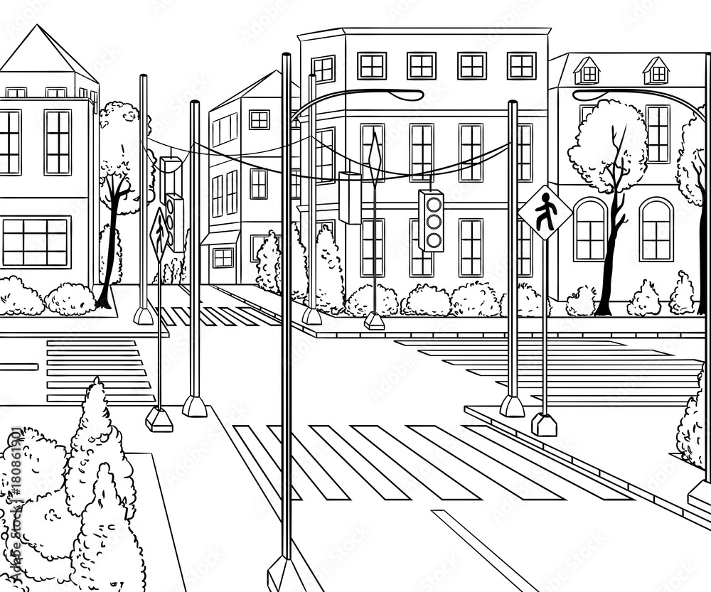 City street with buildings, traffic light, crosswalk and traffic sign ...