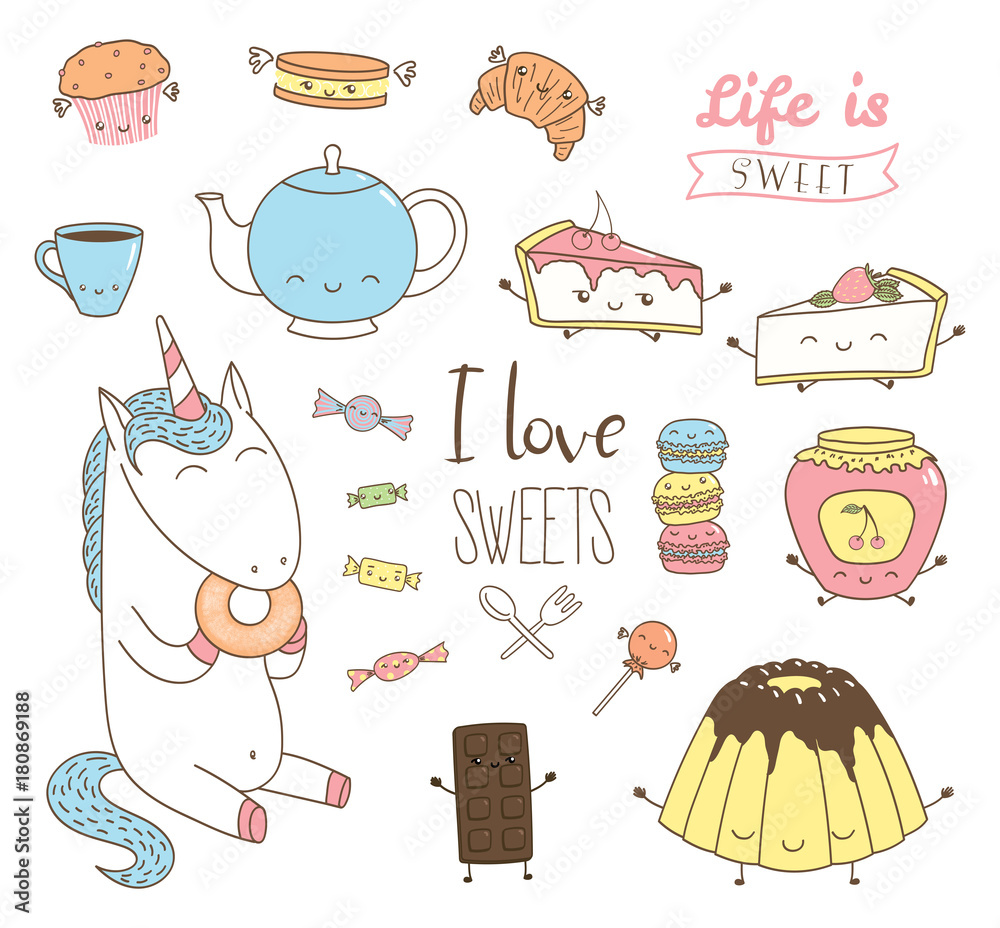 Set of different hand drawn sweet food doodles, with kawaii cartoon ...