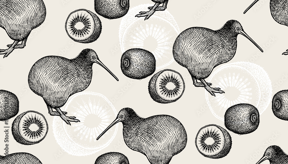 Seamless pattern with kiwi birds and fruits Stock Vector | Adobe Stock