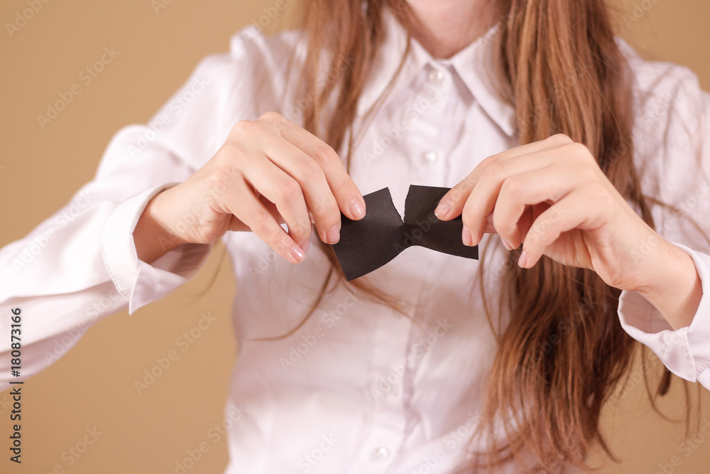 Girl tearing a piece of paper in half blank white flyer brochure ...