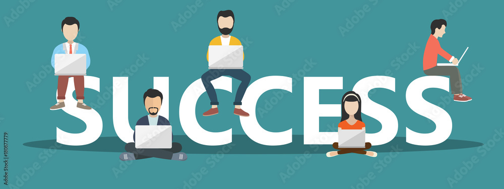 Flat design of people sitting on big letters and working. Success ...