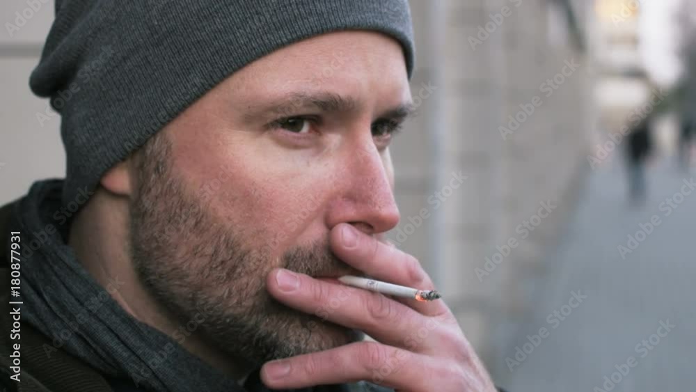 Bearded Middle-Aged Man Smoking a Cigarette. Autumn Stock Video | Adobe ...